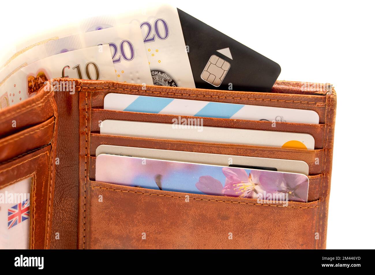 a light brown leather wallet with bank cards and a detailed close-up of ...