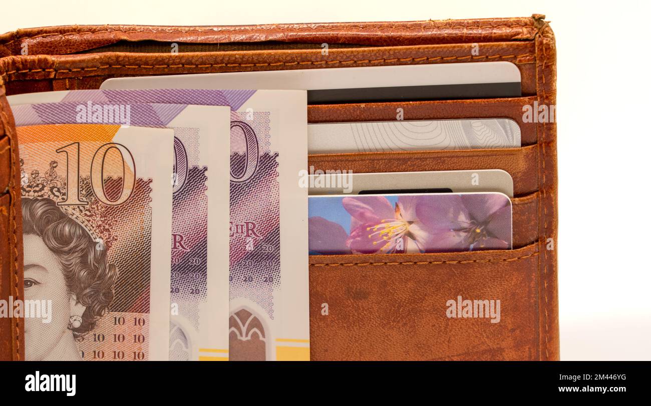 a light brown leather wallet with bank cards and a detailed close-up of ...