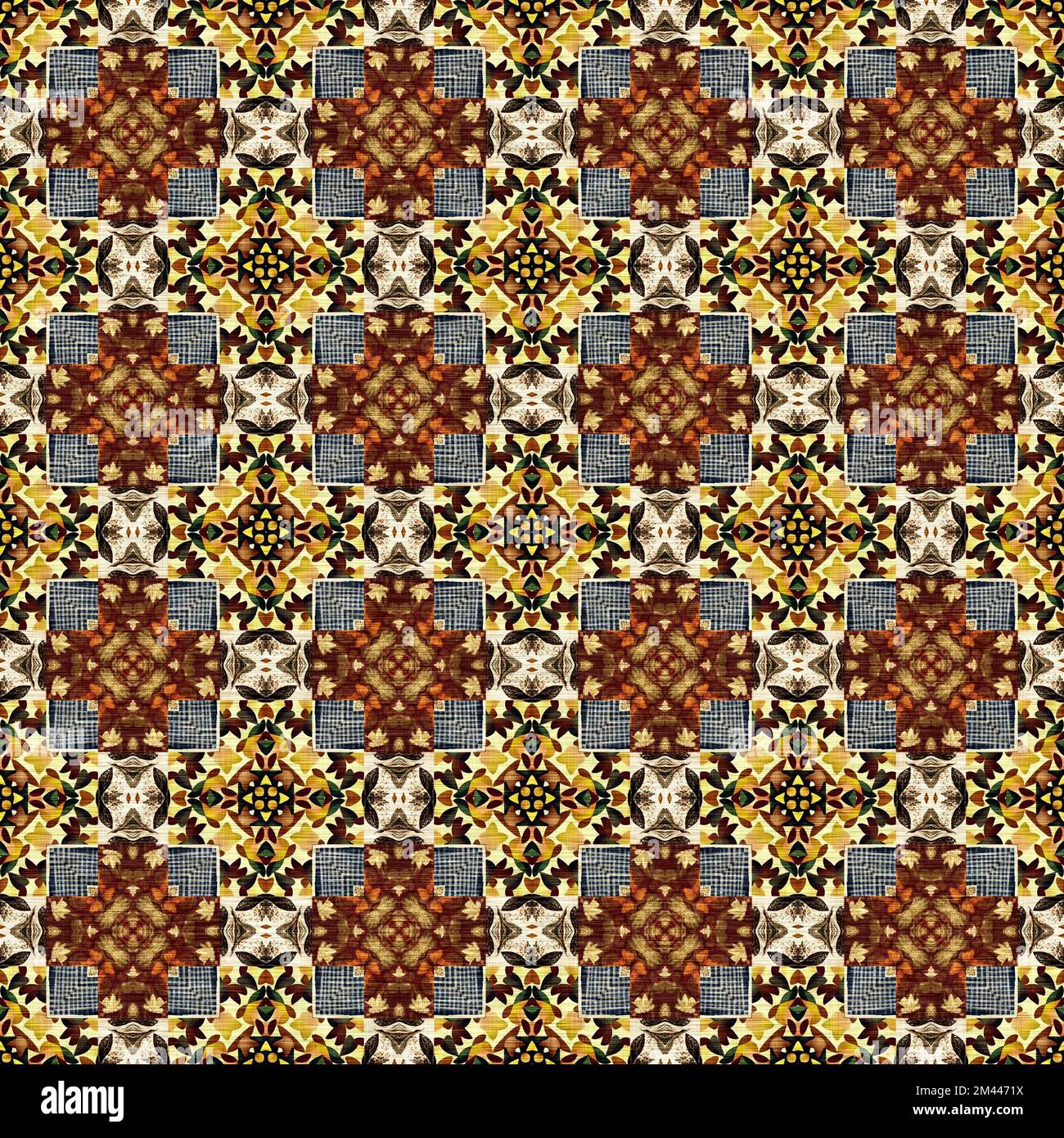 Autumn leaf quilt style vintage seamless pattern. Homely cottage core ...
