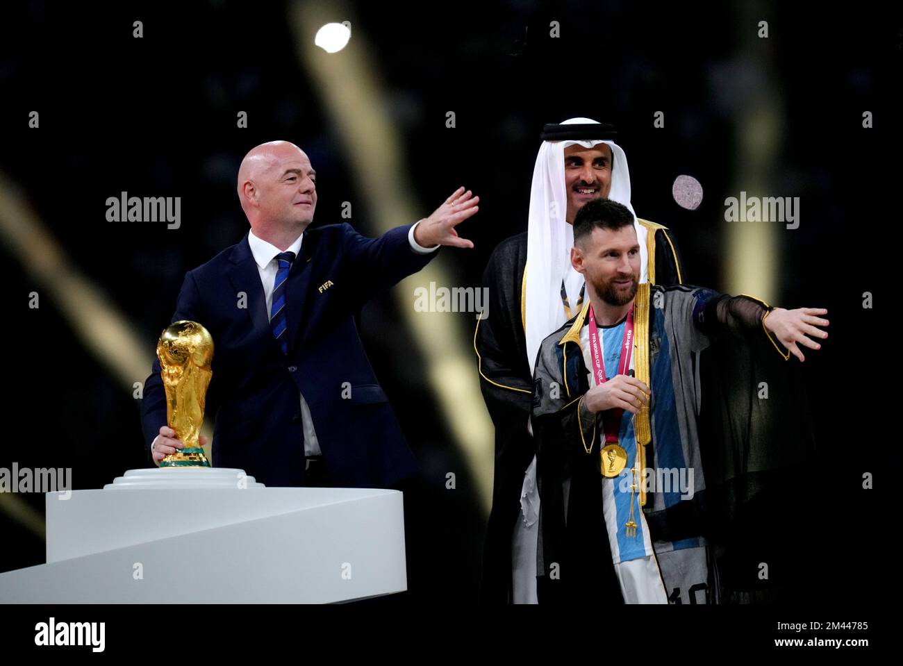 Argentina captain Lionel Messi gestures on the podium prior to being ...