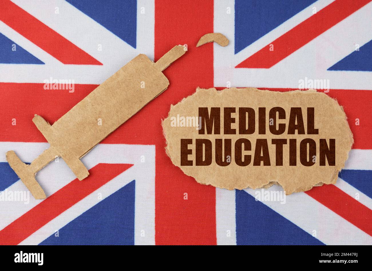 Medical concept. On the flag of Great Britain there is a cardboard ...