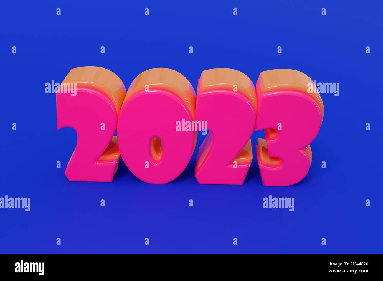 A 3D rendering of pink and orange 2023 numbers from above isolated on a ...