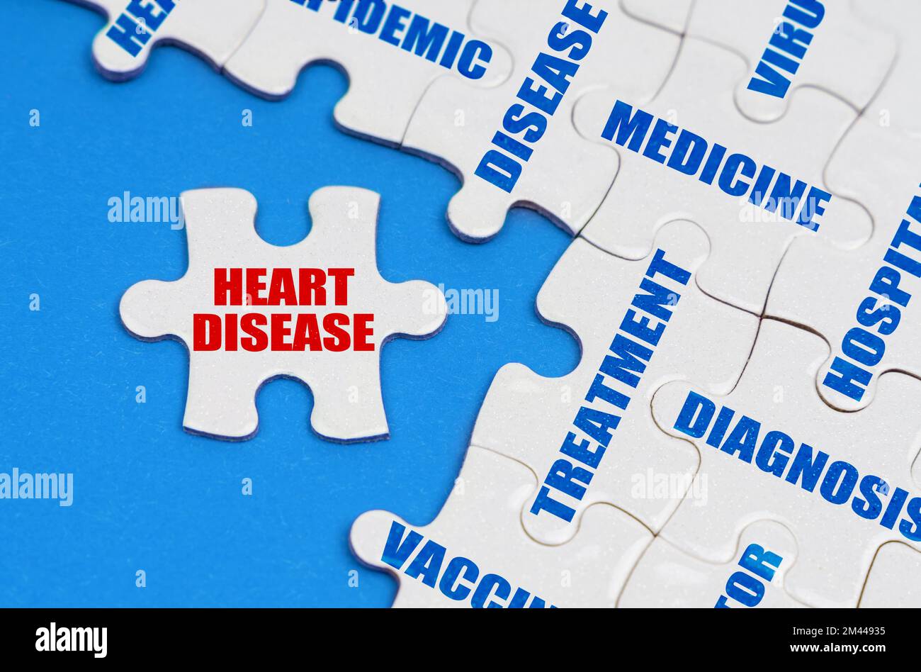 Medicine and health concept. On the blue surface, puzzles with medical inscriptions, on a ...