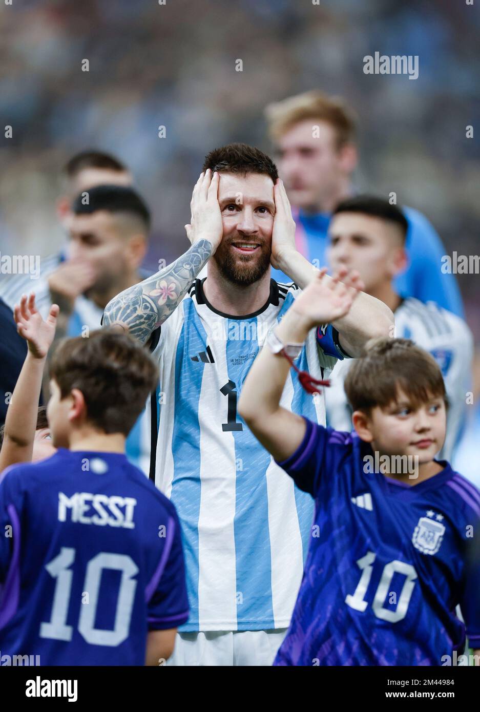 Lusail, Qatar. 18th Dec, 2022. Lionel Messi (C) of Argentina celebrates ...