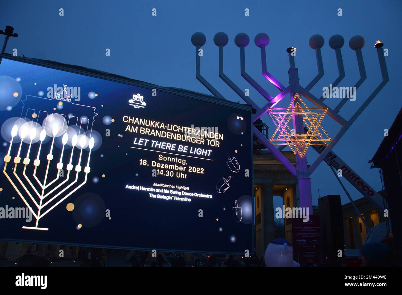 Berlin, Germany - December 18, 2022 - First light of huge Hanukkah ...