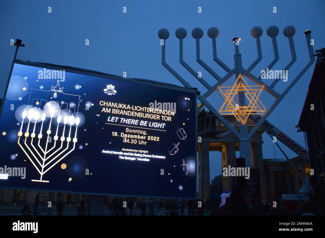 Berlin, Germany - December 18, 2022 - First light of huge Hanukkah ... Berlin, Germany - December 18, 2022 - First light of huge Hanukkah ...