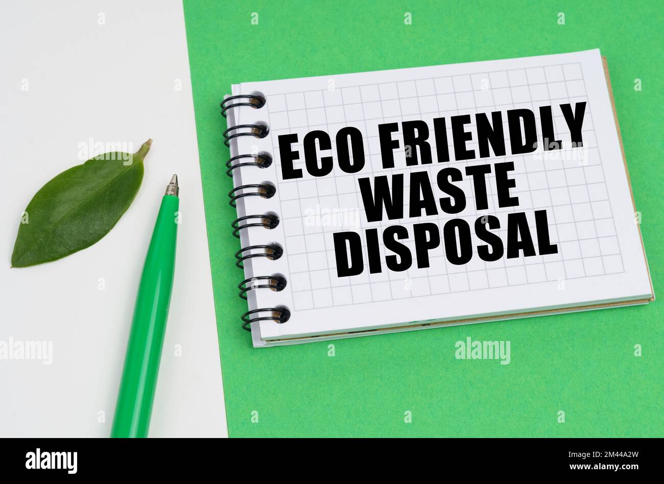 Ecological concept. On a white-green background lies a pen, a leaf of a ...