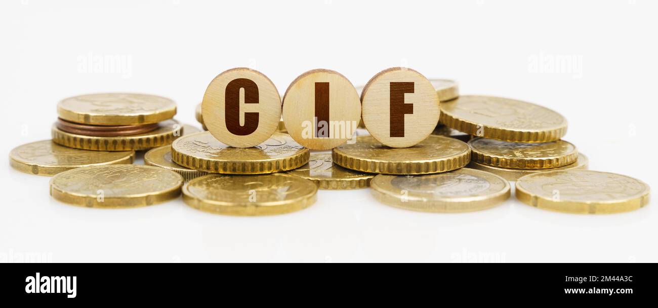 Business and finance concept. On a white surface lie coins and wooden ...