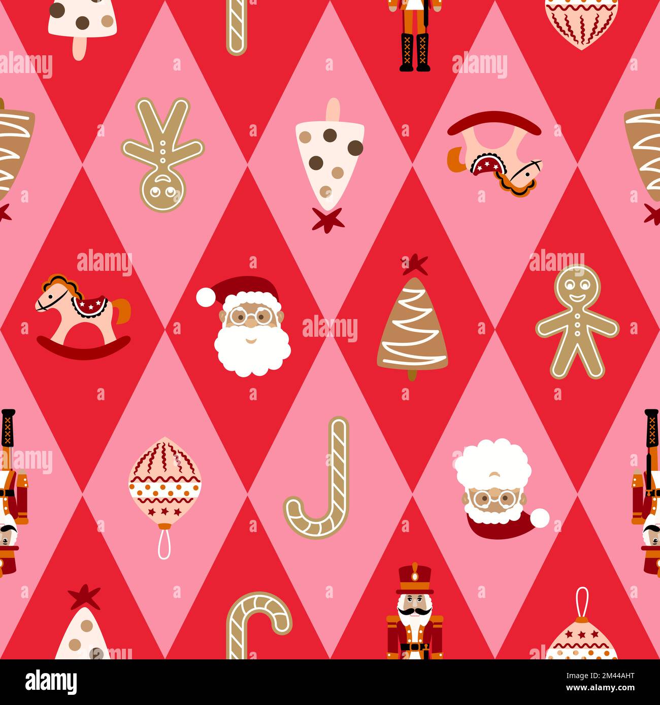 Festive Christmas seamless pattern. Red and pink harlequin background with Santa, nutcracker and ...