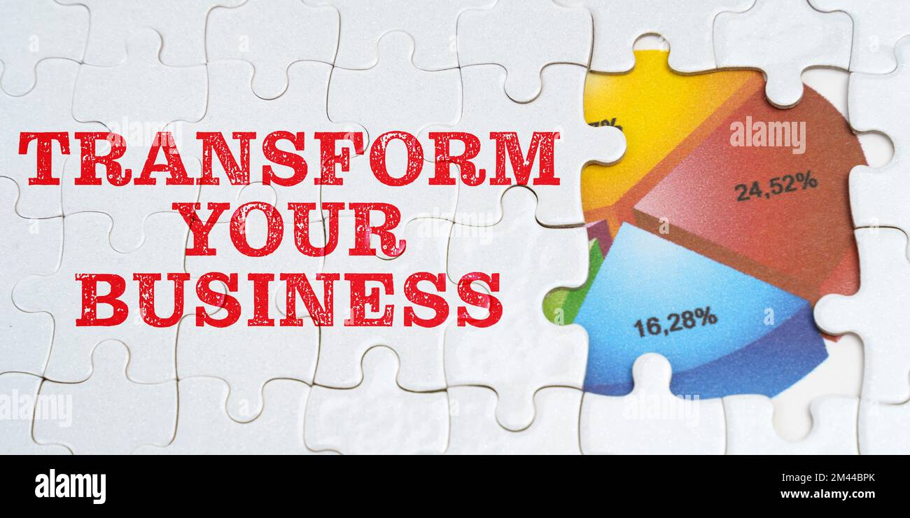 Economy and business concept. On white puzzles there is an inscription - Transform Your Business ...