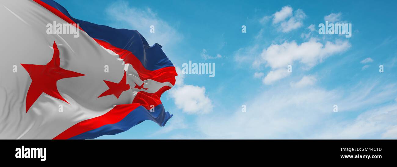 official flag of Union, Kentucky untied states of America at cloudy sky ...