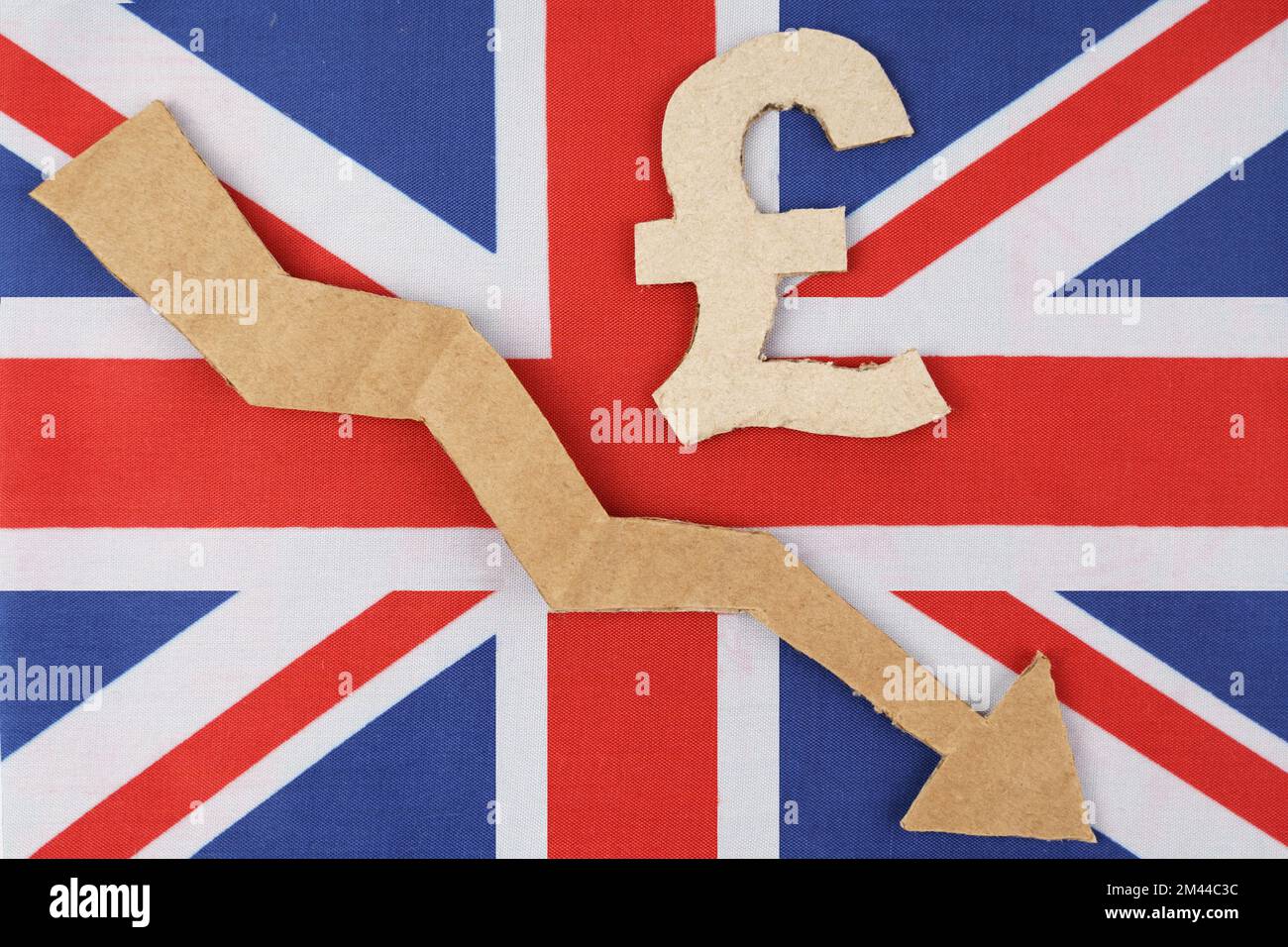 Decrease statistics concept. The flag of Great Britain has the pound symbol and an arrow ...