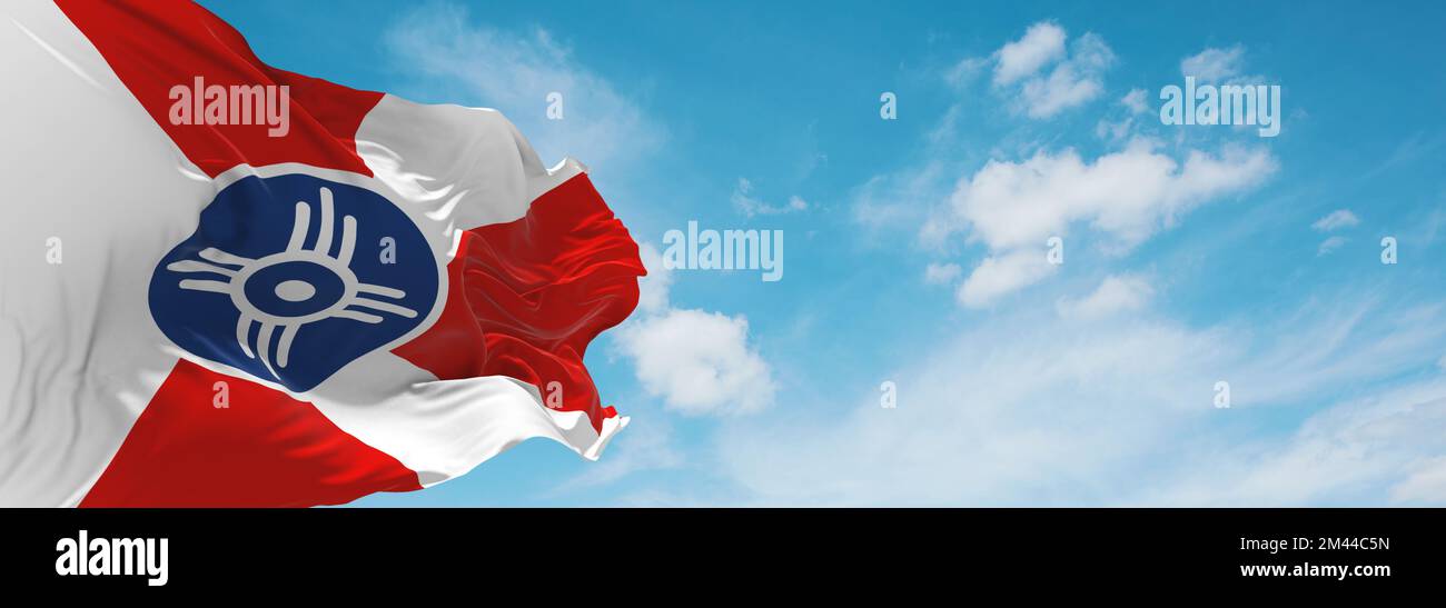 official flag of Wichita, Kansas untied states of America at cloudy sky ...