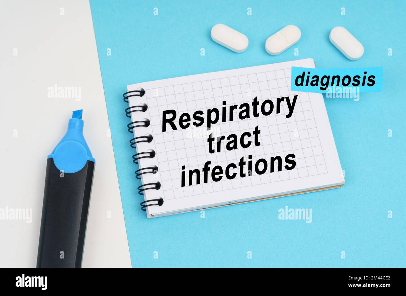 Medicine and health concept. On a white and blue surface are pills, a ...