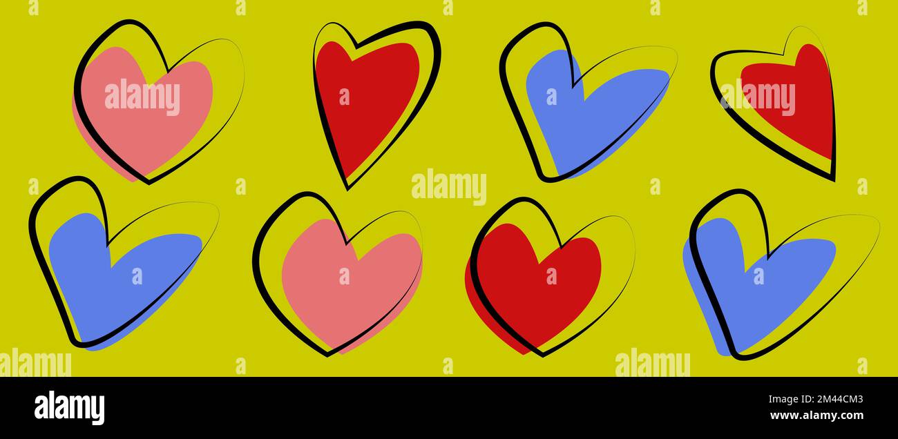 multi-colored hearts with a stroke on a yellow background. Vector ...