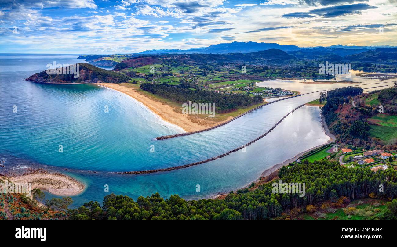 A panorama view of beautiful Rodiles Beach in Asturias in northern ...