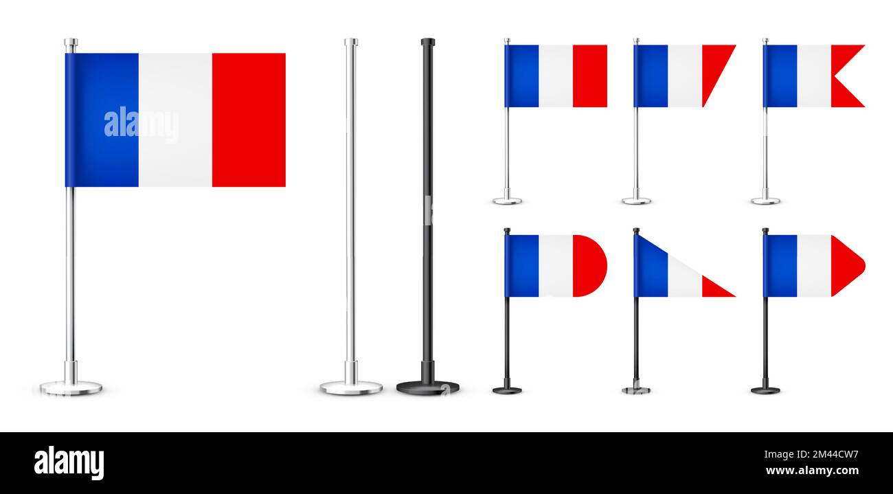 Realistic various French table flags on a chrome steel pole. Souvenir ...