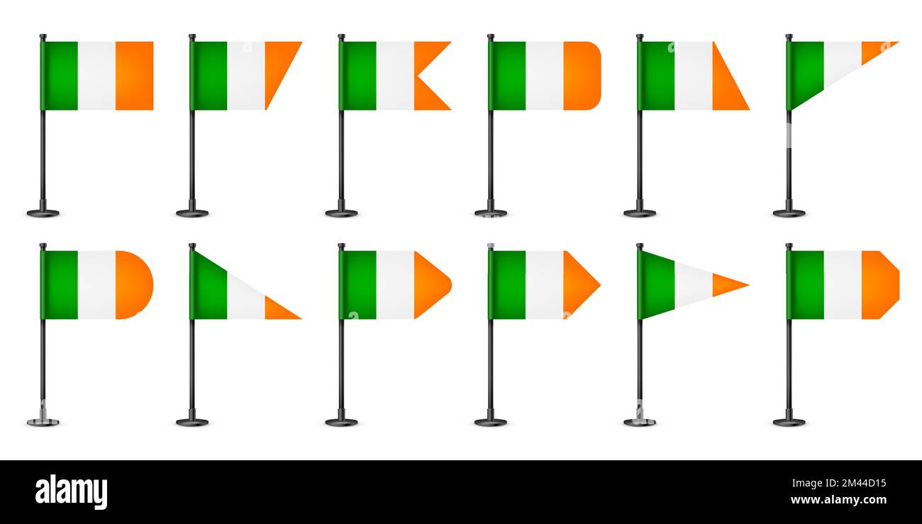 Realistic various Irish table flags on a black steel pole. Souvenir ...
