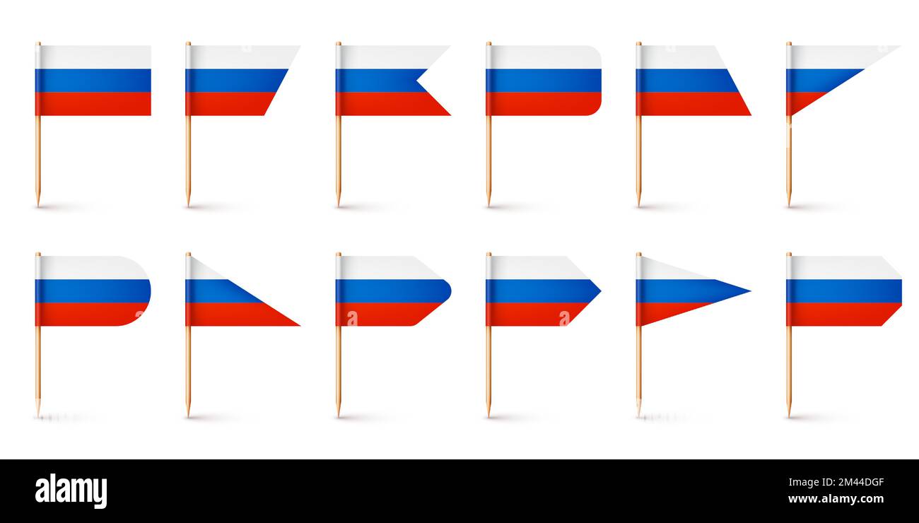Realistic various Russian toothpick flags. Souvenir from Russia. Wooden ...