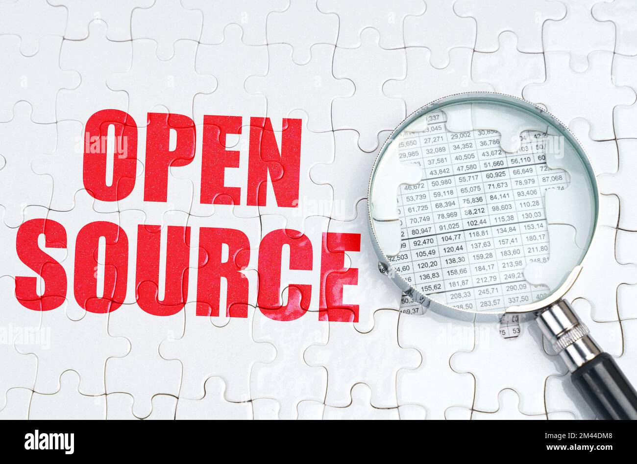 Business concept. There is a magnifying glass on the puzzles, next to ...