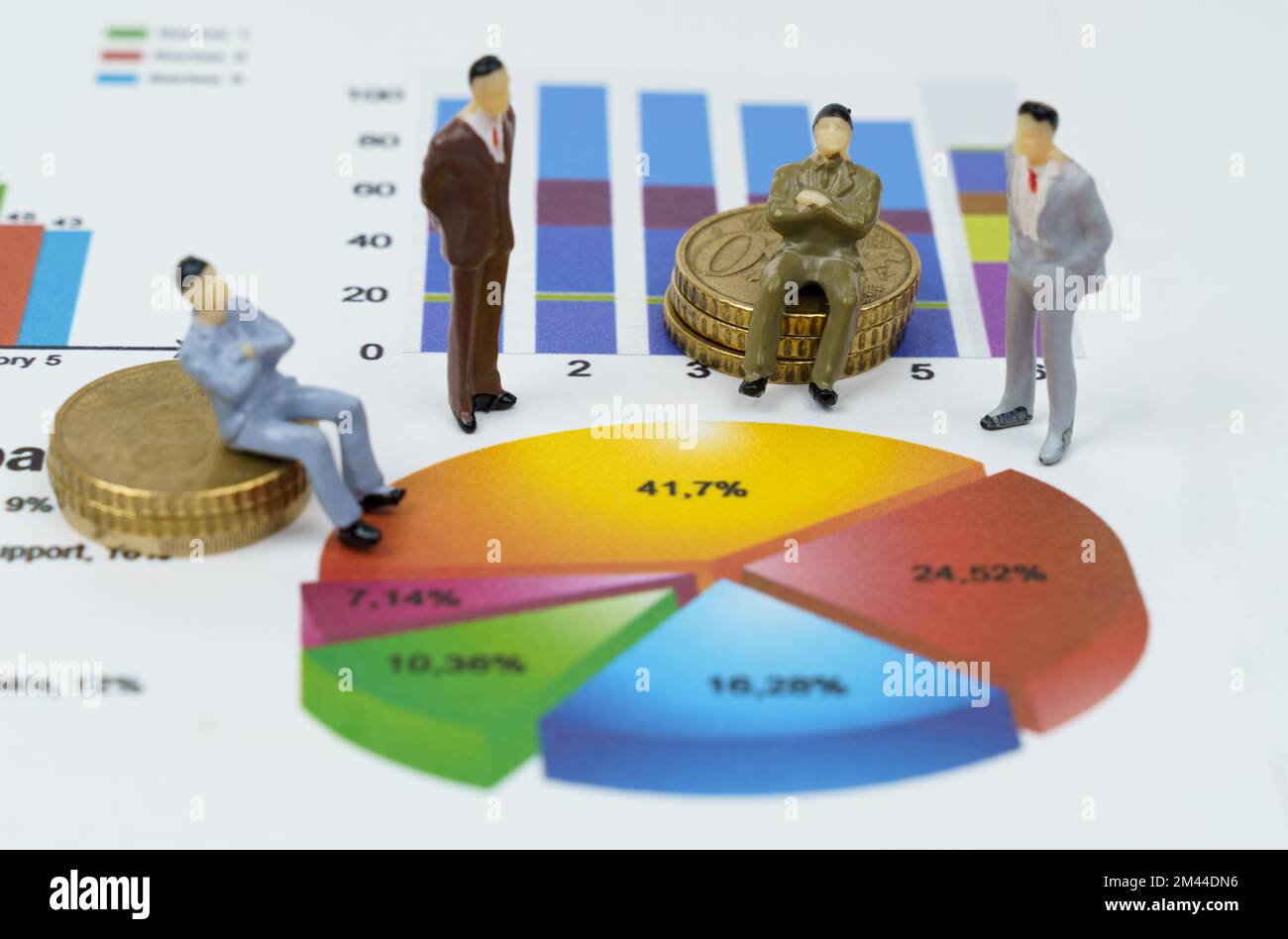 Business concept. On financial charts there are miniature figures of ...