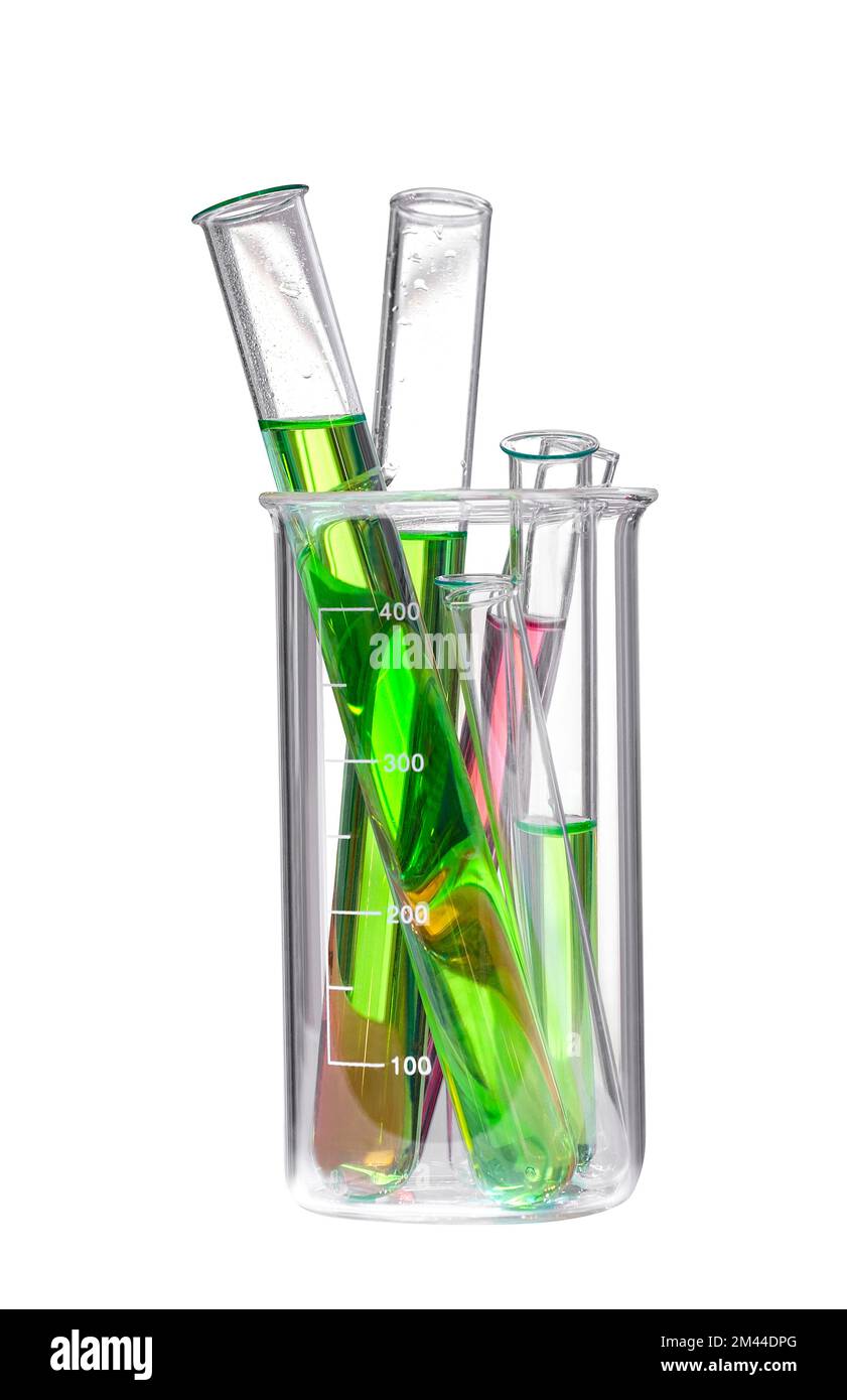 Chemical flasks with multicolor liquid solution isolated on white ...