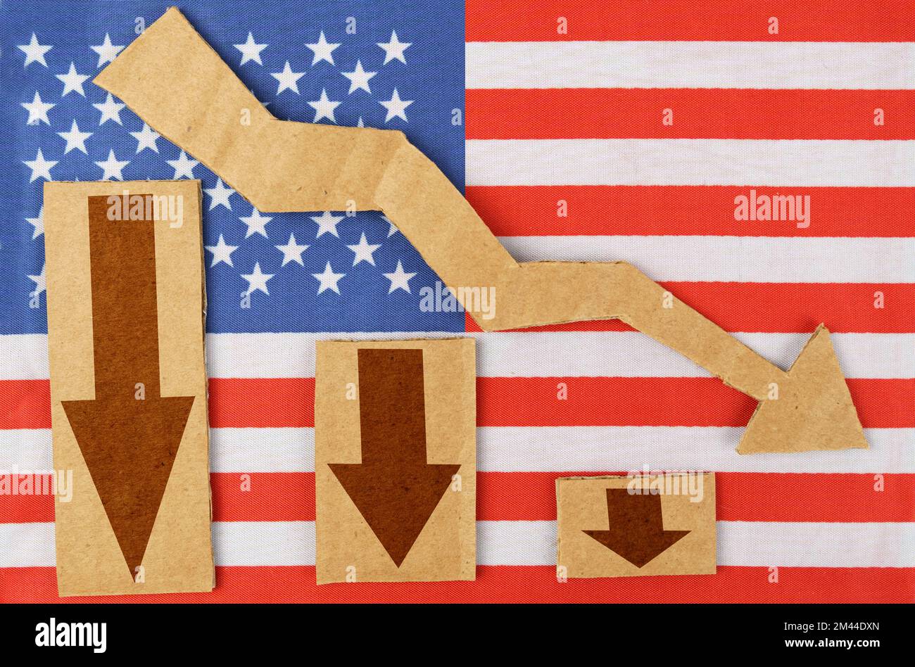 Decrease statistics concept. On the flag of the USA there are chart ...