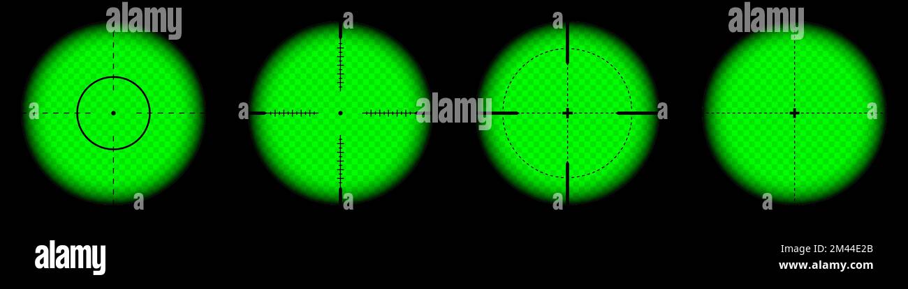 Various weapon night sights, sniper rifle optical scopes. Hunting gun ...