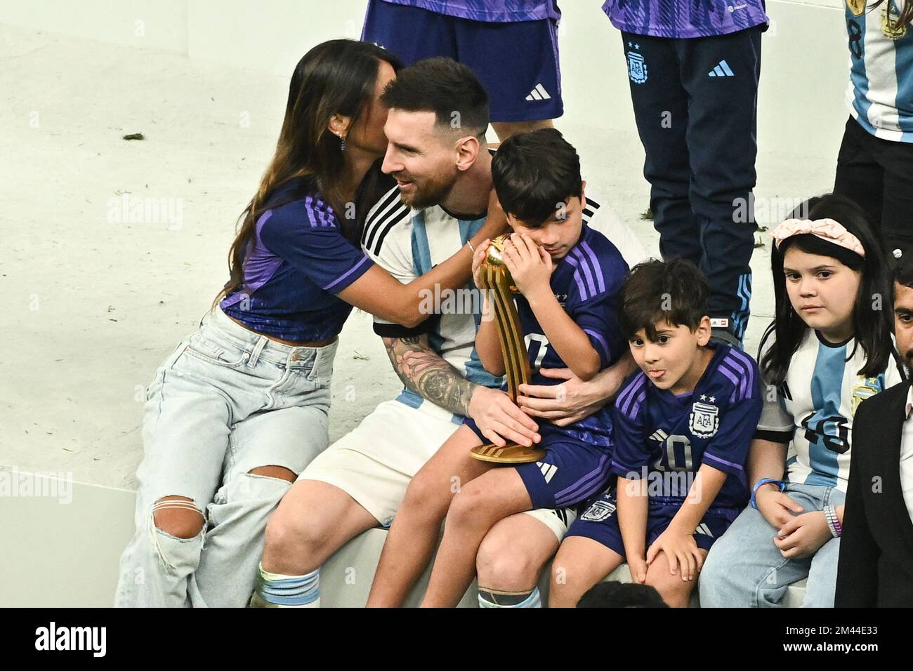 Doha, Qatar on December 18, 2022. Antonella Roccuzzo, Lionel Messi and ...