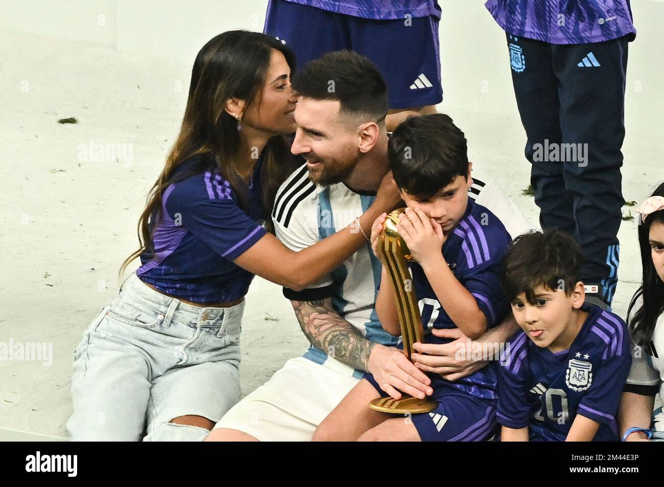 Doha, Qatar on December 18, 2022. Antonella Roccuzzo, Lionel Messi and ...