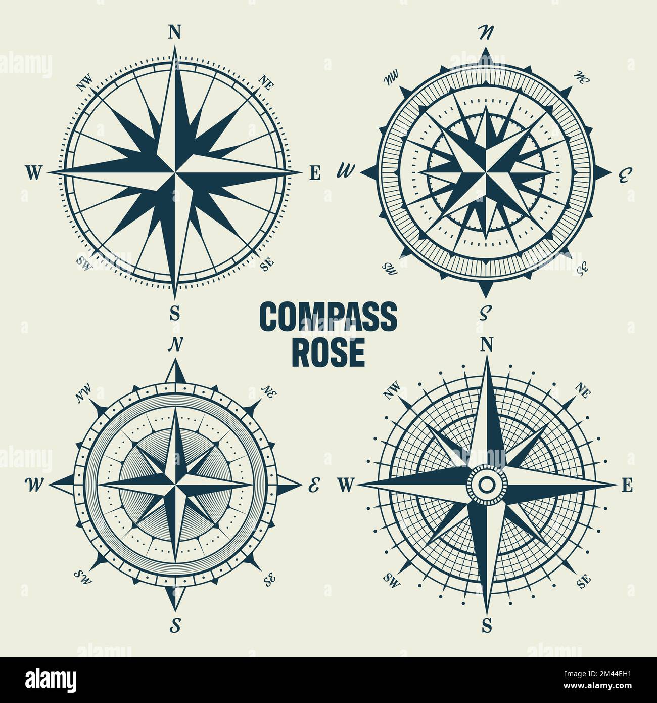 Vintage marine wind rose, nautical chart. Monochrome navigational ...
