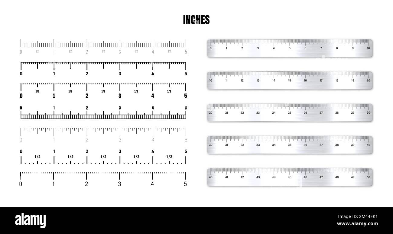 Realistic metal rulers with black inch scale for measuring length or ...