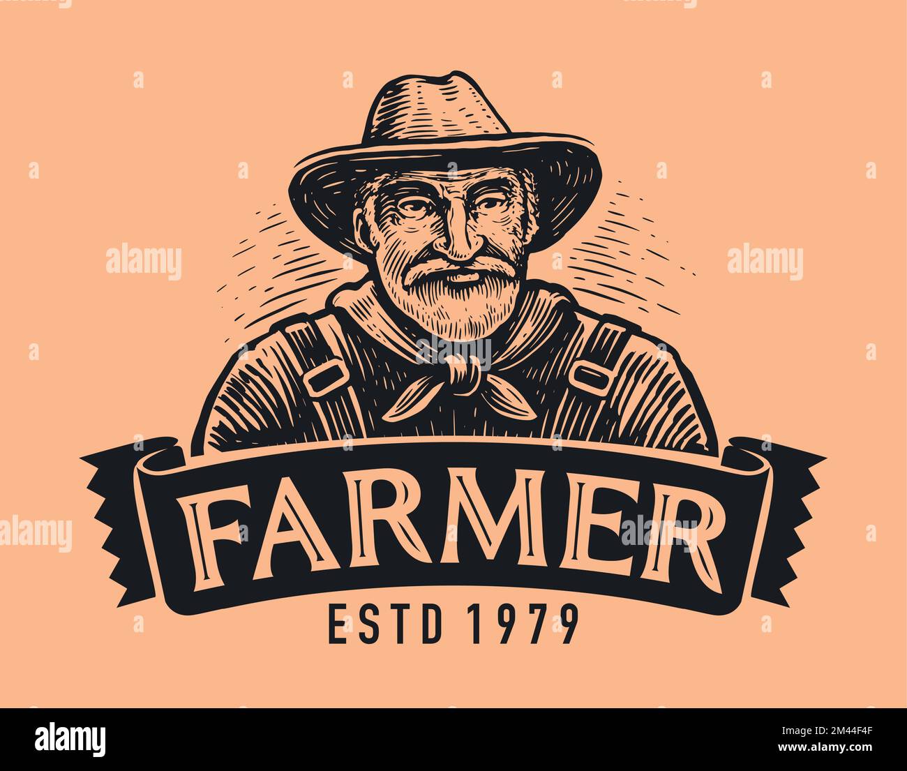 Portrait of adult farmer in hat in style of vintage engraving. Emblem ...