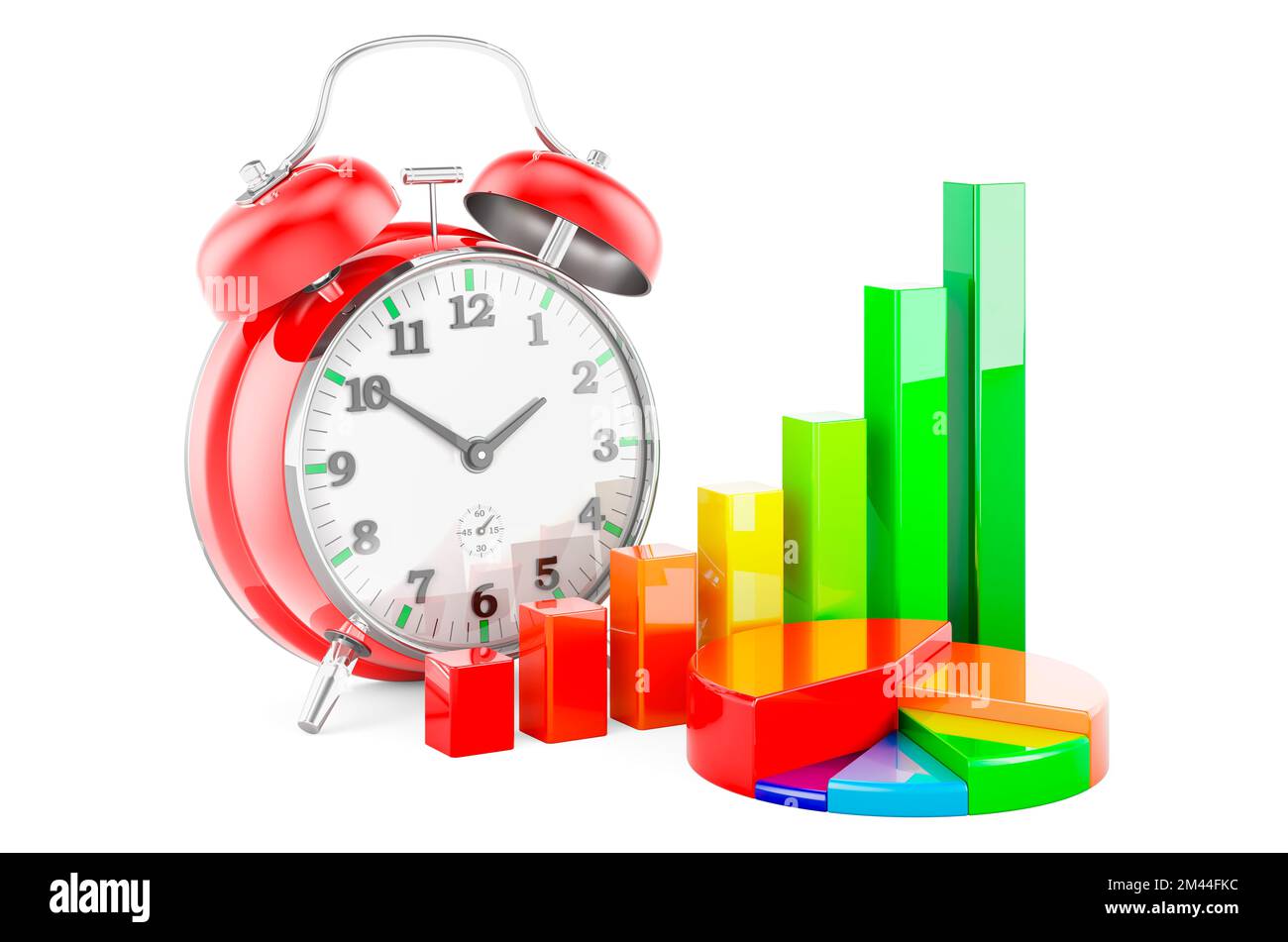 Alarm clock with growth bar graph and pie chart, 3D rendering isolated on white background Stock ...