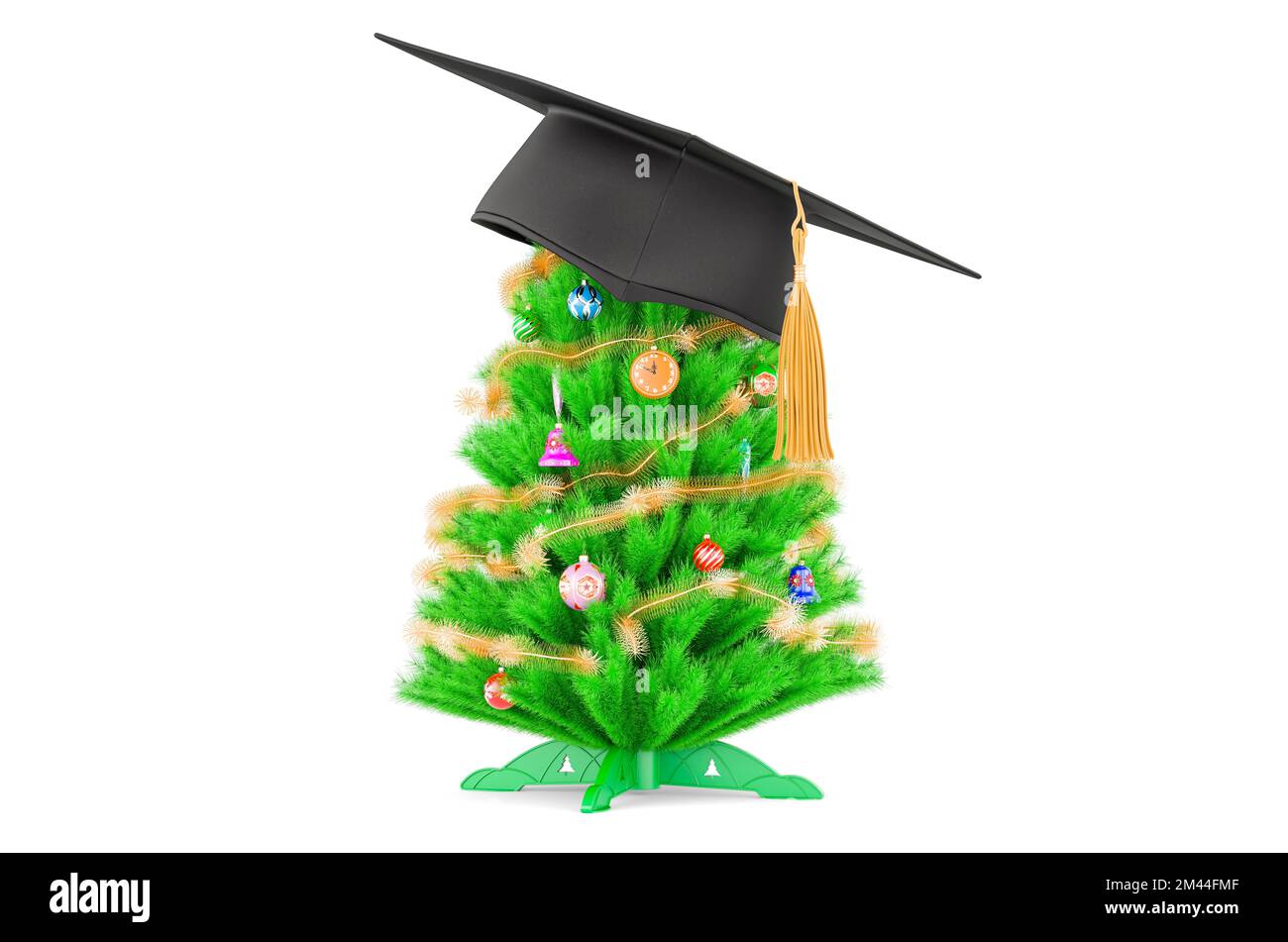 Christmas tree with graduation cap. 3D rendering isolated on white ...