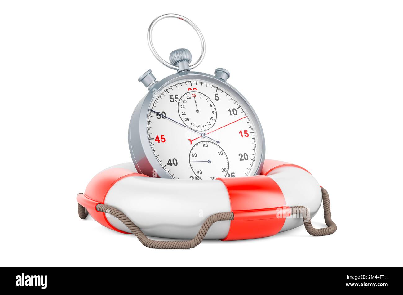 Stopwatch inside lifebuoy, save time concept. 3D rendering isolated on ...