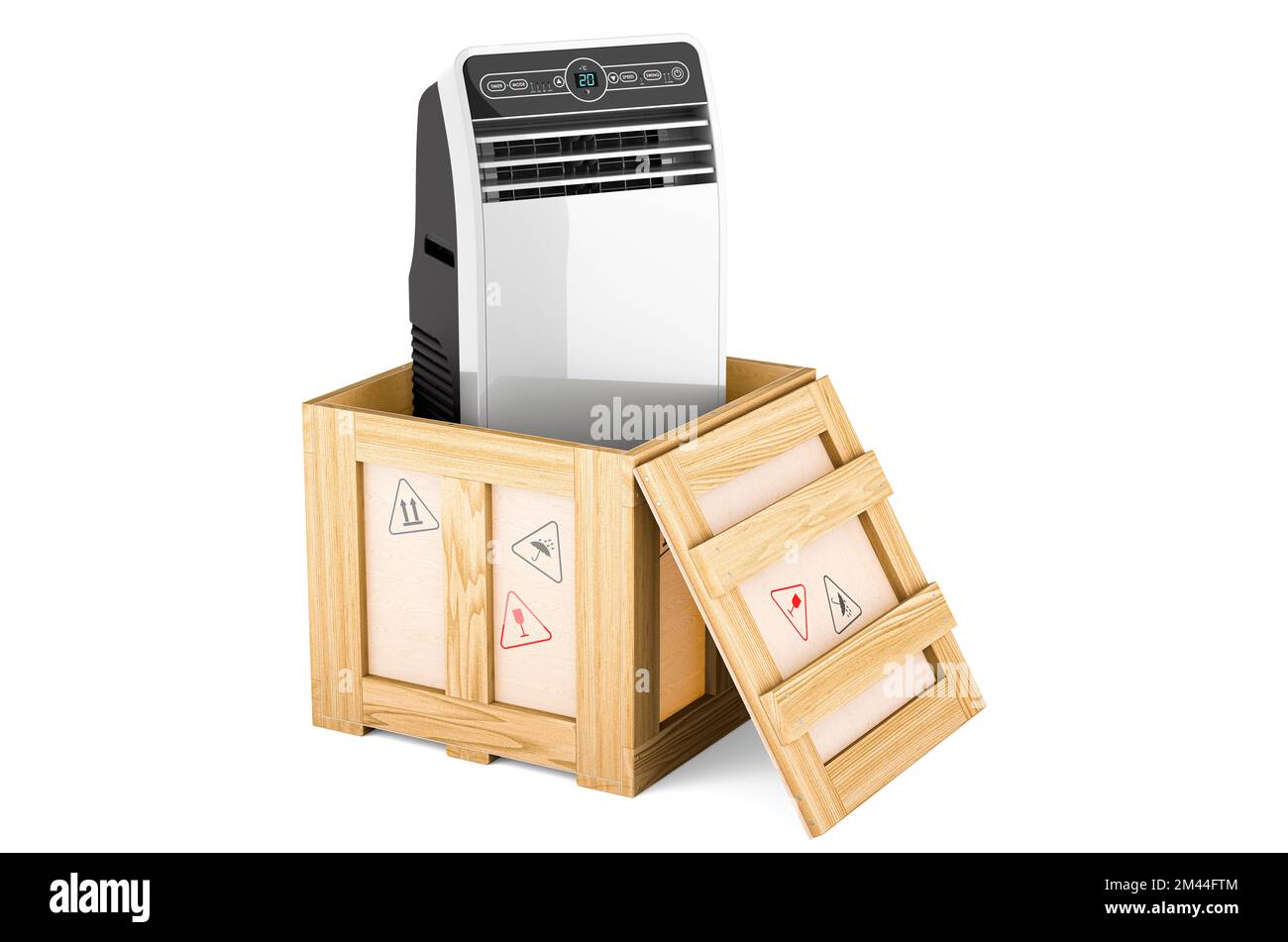Portable air conditioner inside wooden box, delivery concept. 3D ...