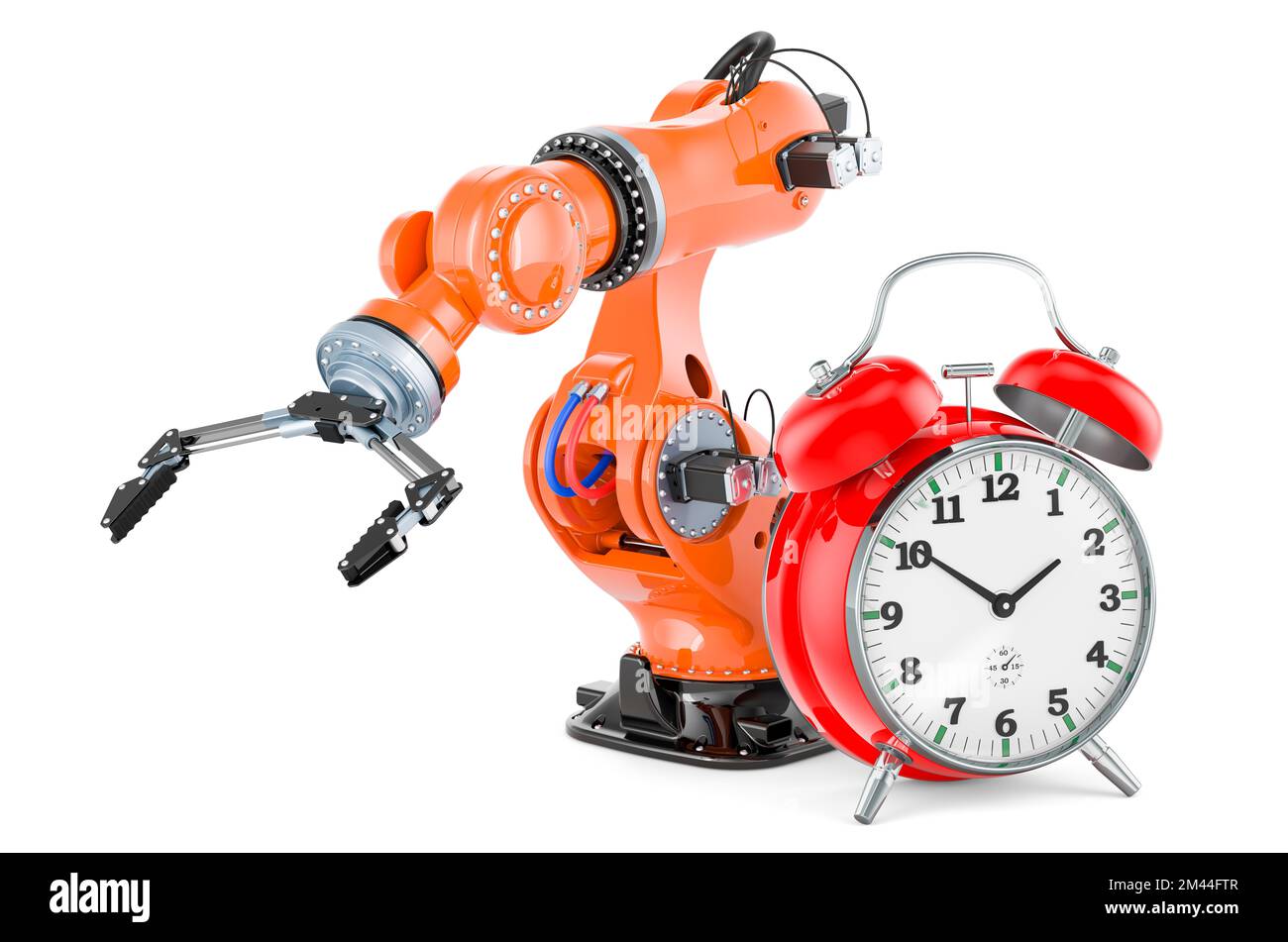 Robotic arm with alarm clock, 3D rendering isolated on white background ...