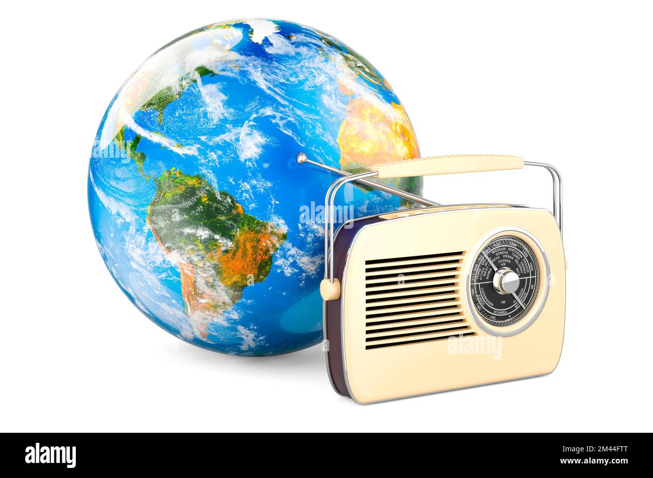 Vintage radio receiver with Earth Globe. World Radio Day, concept. 3D ...