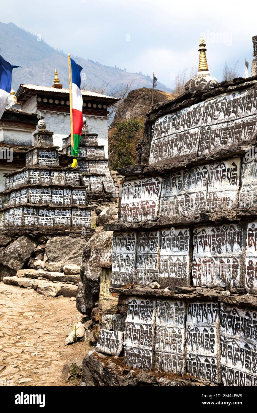 Mani stones line the trial leading to Mt. Everest at Nurning, Nepal ...