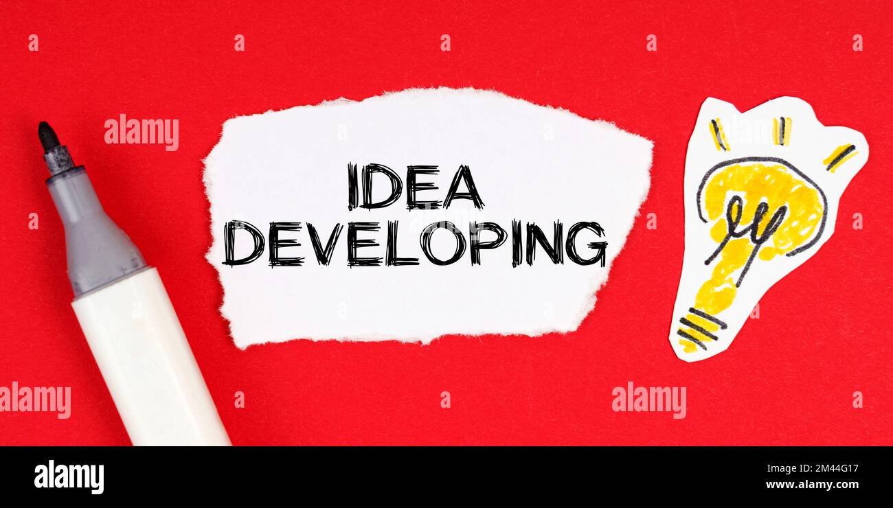 Business concept and idea. On a red surface lie a marker, a drawing of ...