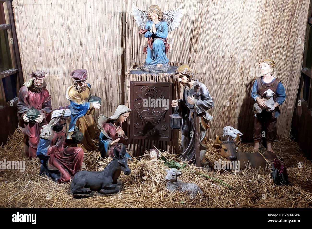 Nativity scene. Christmas Manger scene with figurines newborn Jesus ...