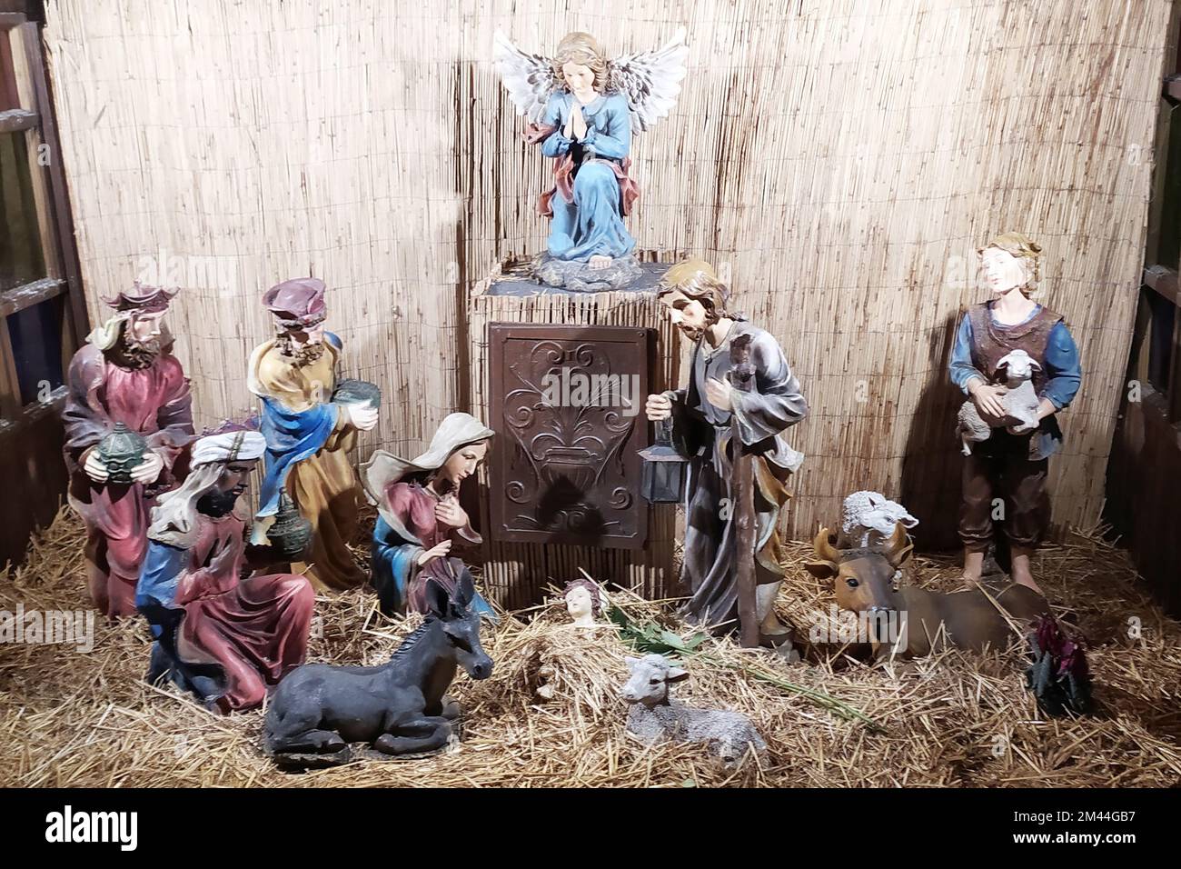 Nativity scene. Christmas Manger scene with figurines newborn Jesus ...