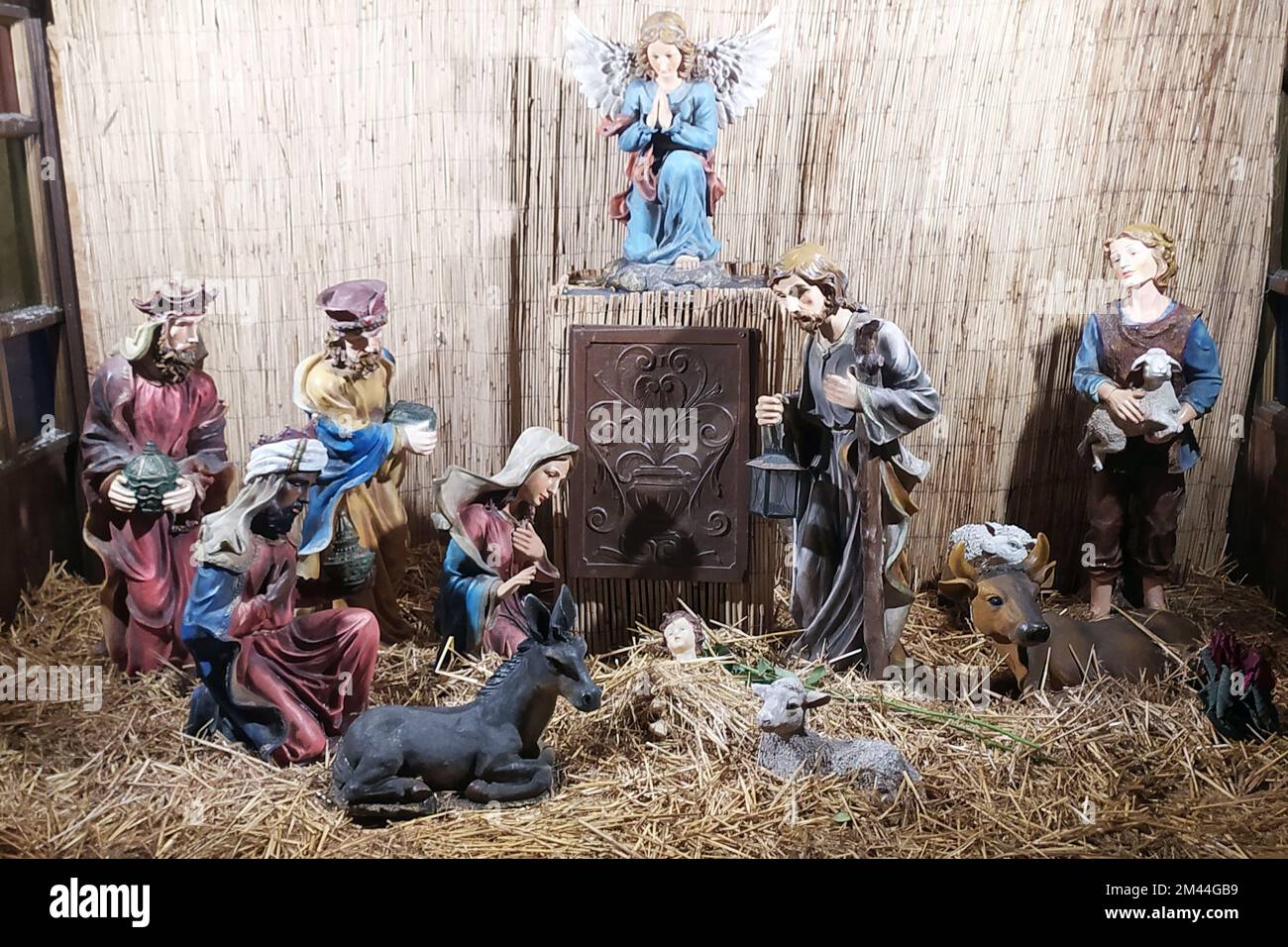 Nativity scene. Christmas Manger scene with figurines newborn Jesus ...