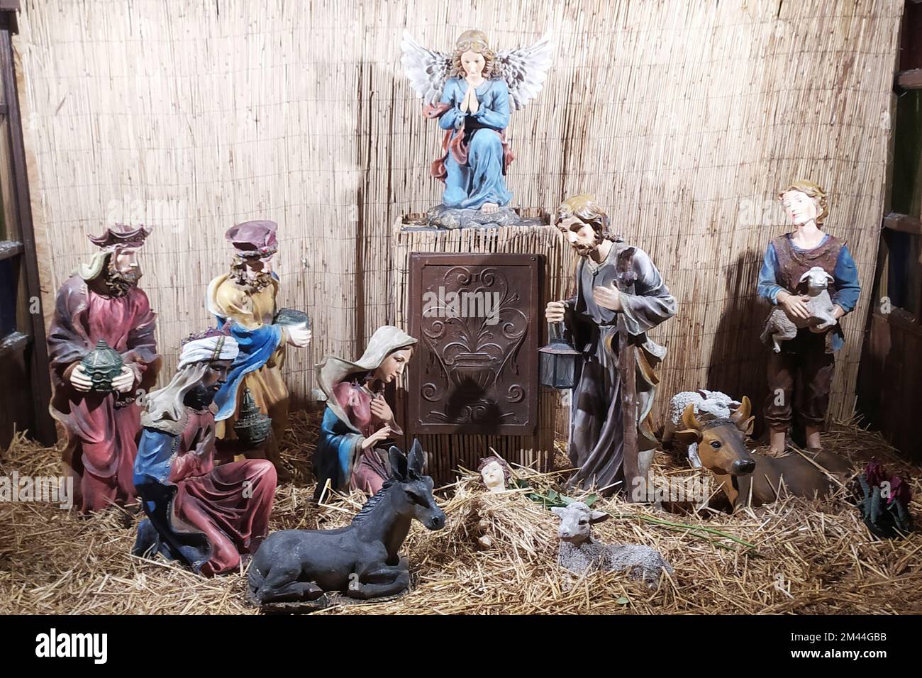 Nativity scene. Christmas Manger scene with figurines newborn Jesus ...