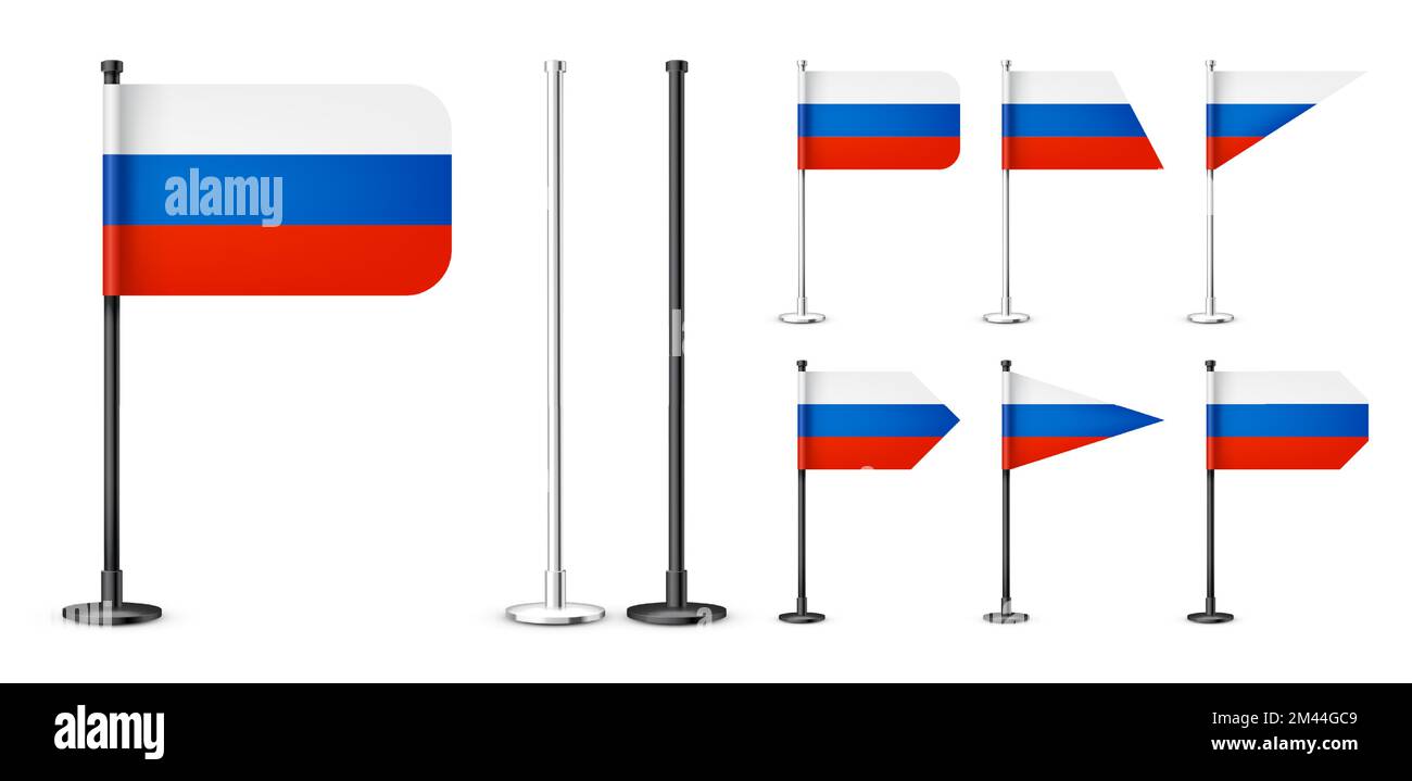Realistic various Russian table flags on a chrome steel pole. Souvenir ...