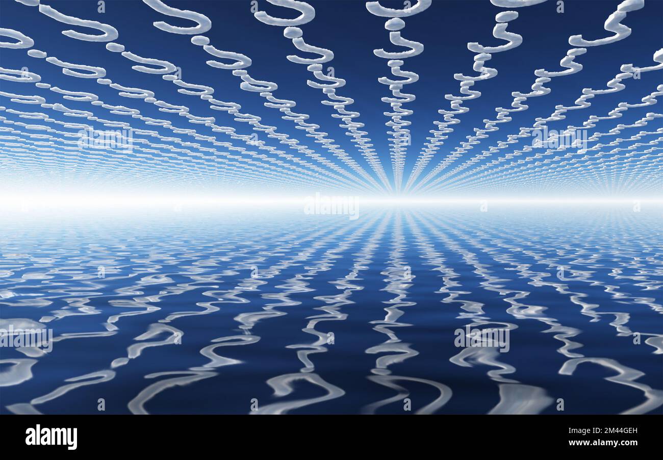 Surreal digital art. Clouds in shape of query sign reflected in water ...