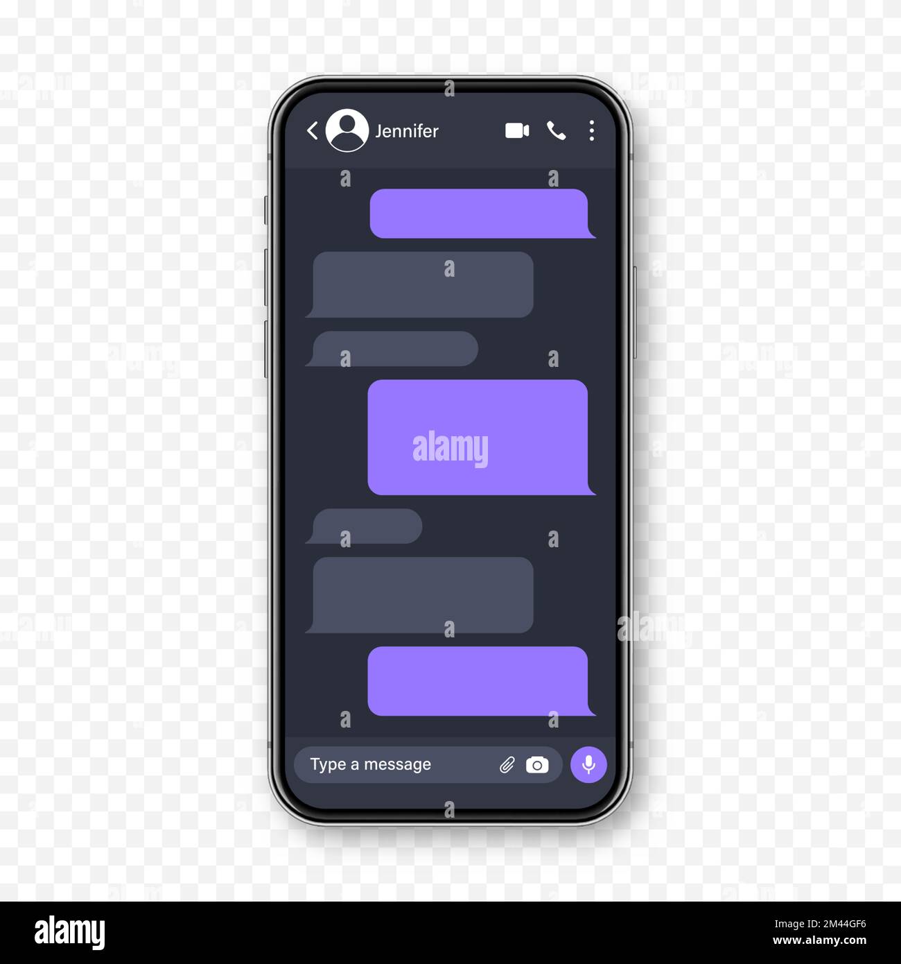 Realistic smartphone with messaging app. Blank SMS text frame ...