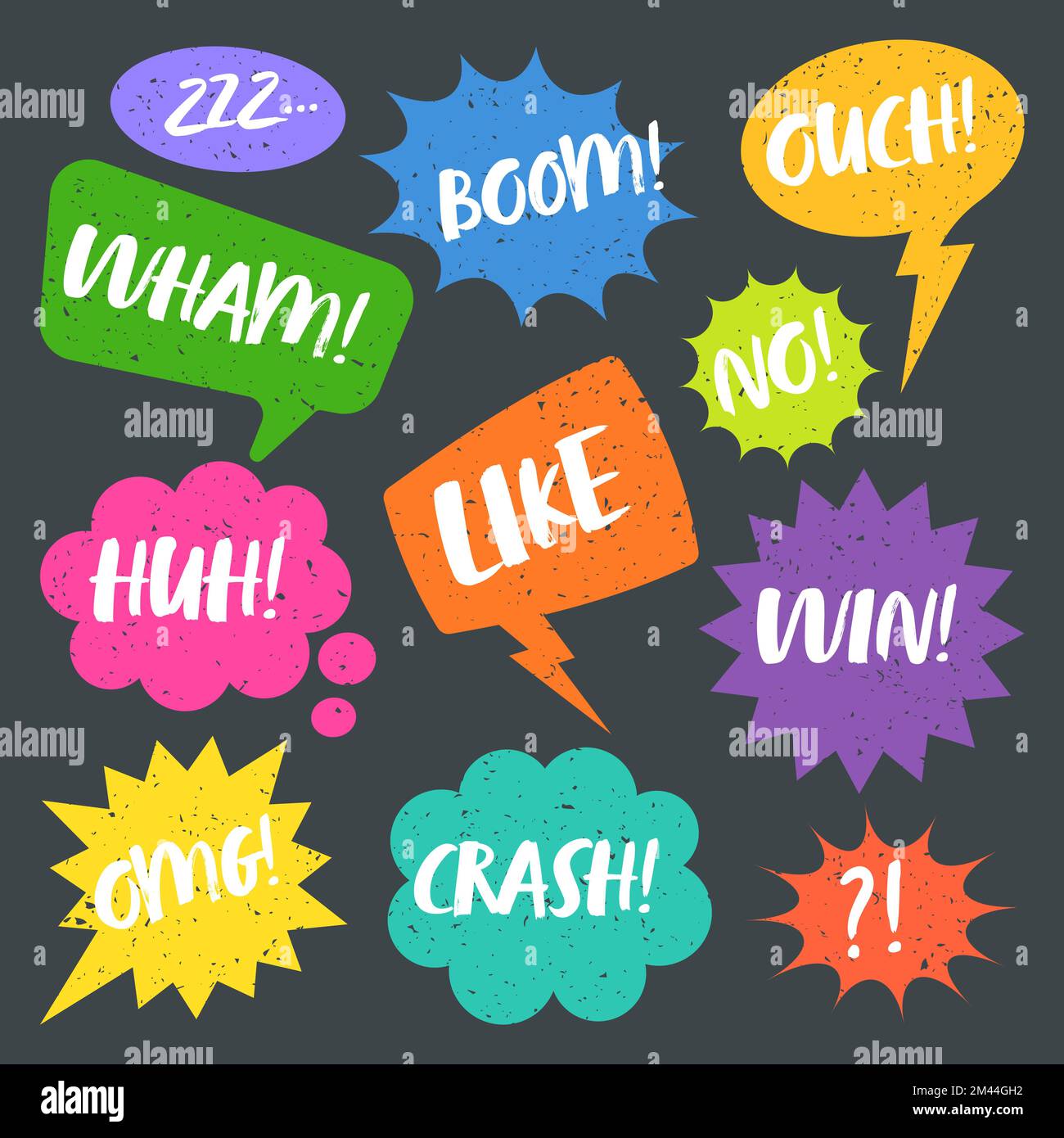 Colorful grunge comic speech bubbles with handwritten text. Hand drawn ...