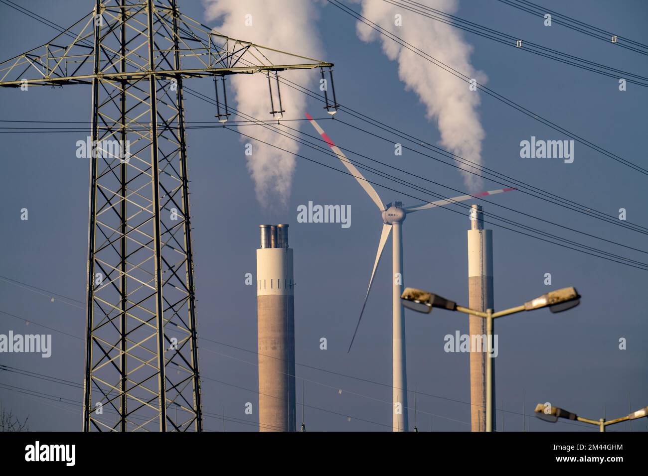 High-voltage power line, high-voltage pylon, chimney of the waste-fired ...